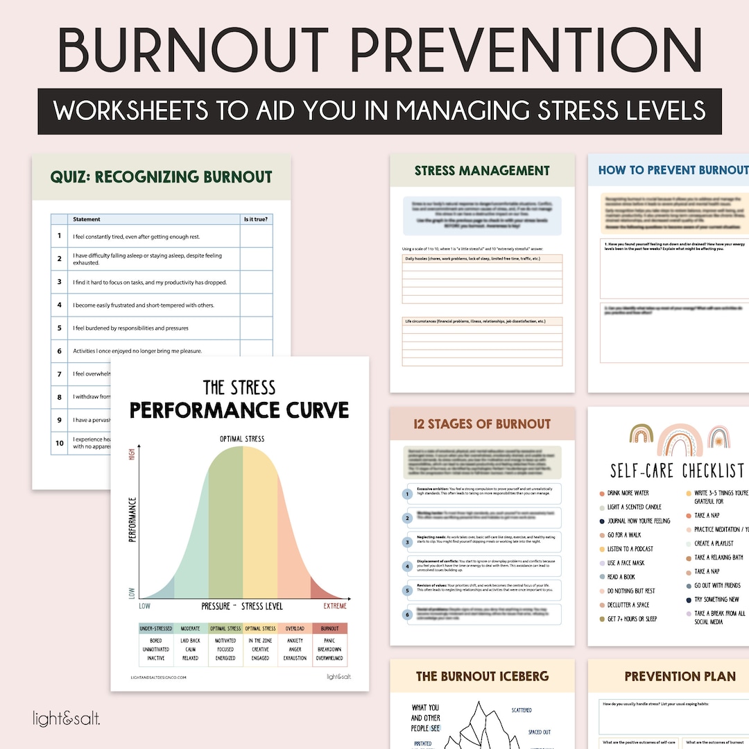 Burnout Prevention Worksheets, Stress Management Worksheets, Self-care ...