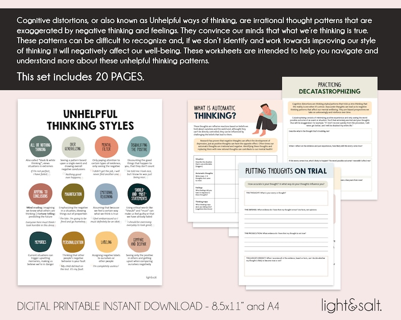 Cognitive Distortions Worksheets Unhelpful Thinking Styles - Etsy