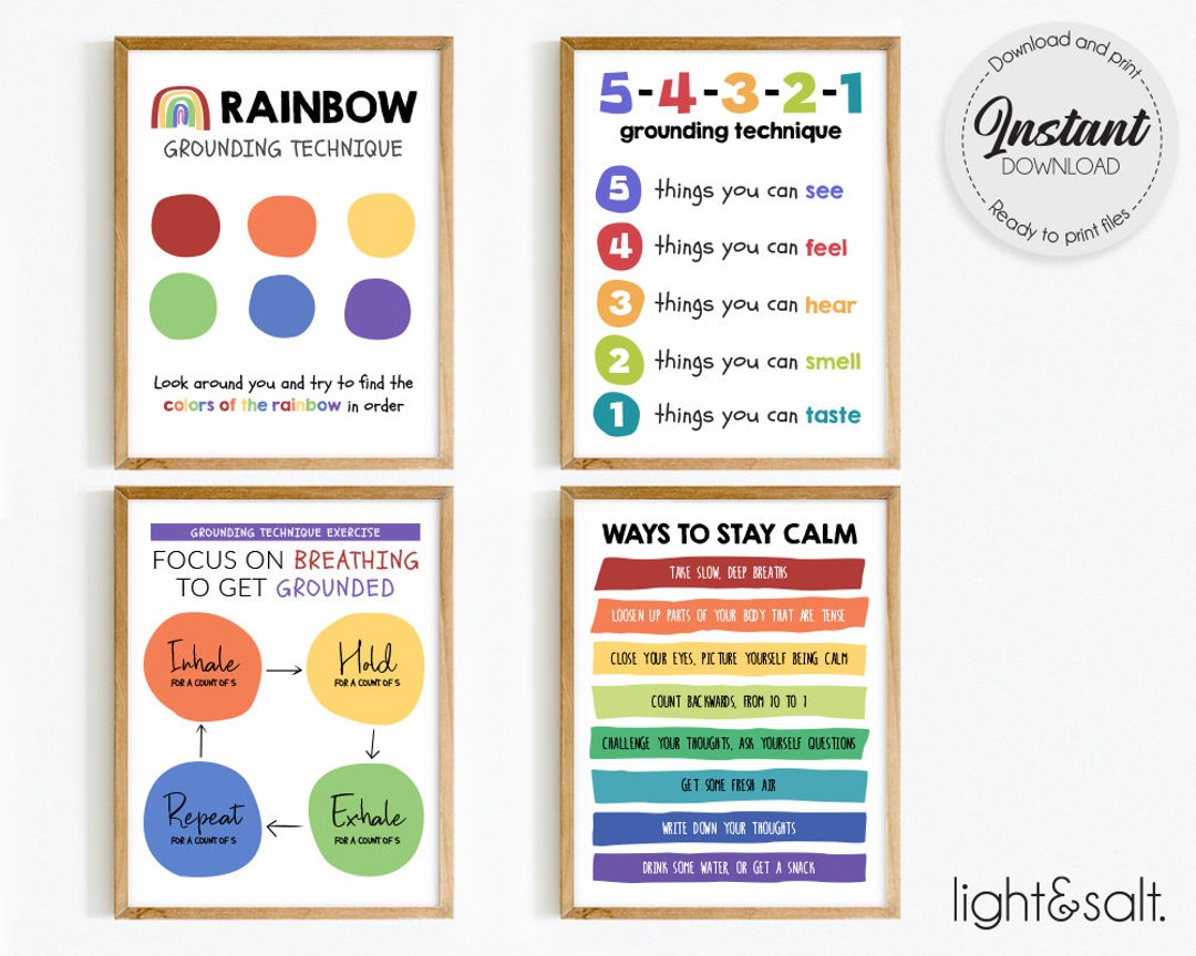 Grounding Technique Set of 4 Posters, Mental Health, Therapist School ...
