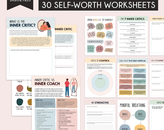 Therapy Worksheets Bundle, Anxiety Worksheets, Inner Critic, Boundaries ...
