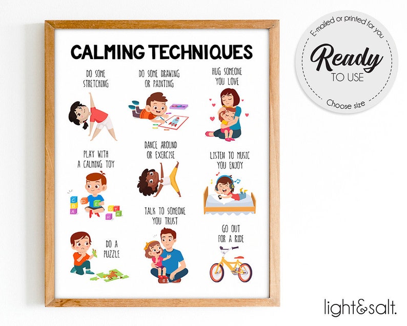 Set of 2 Feelings Poster, Emotions Chart for Kids, Calming Techniques ...