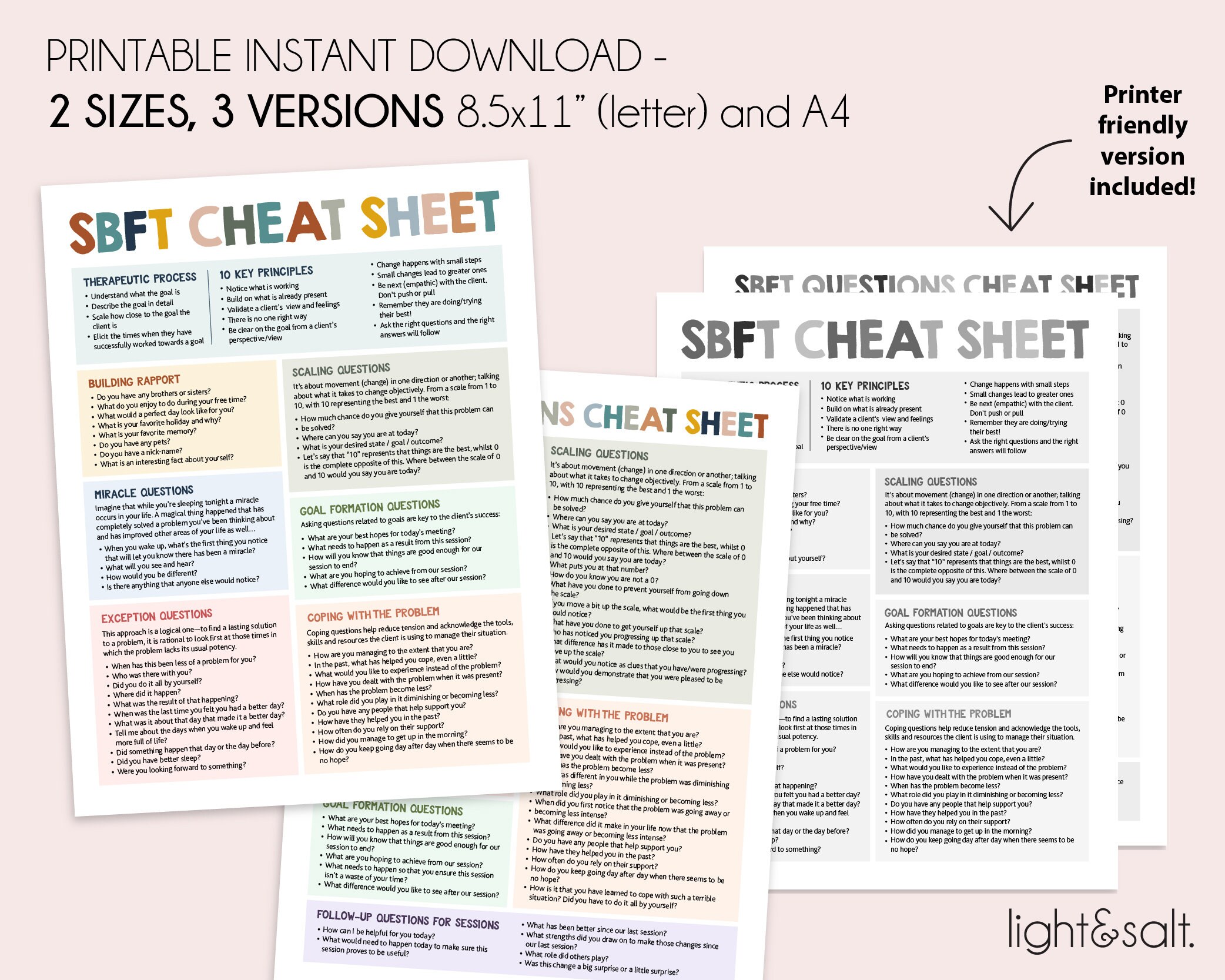 Solution Focused Therapy Questions Cheat Sheet SFBT Worksheet - Etsy