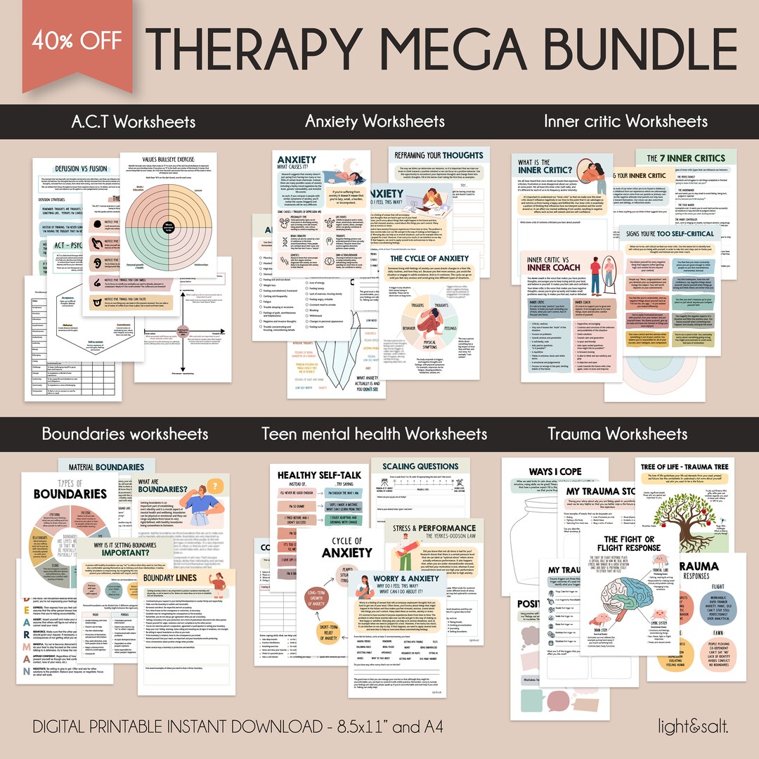 Therapy Worksheets Bundle, Anxiety Worksheets, Inner Critic, Boundaries ...