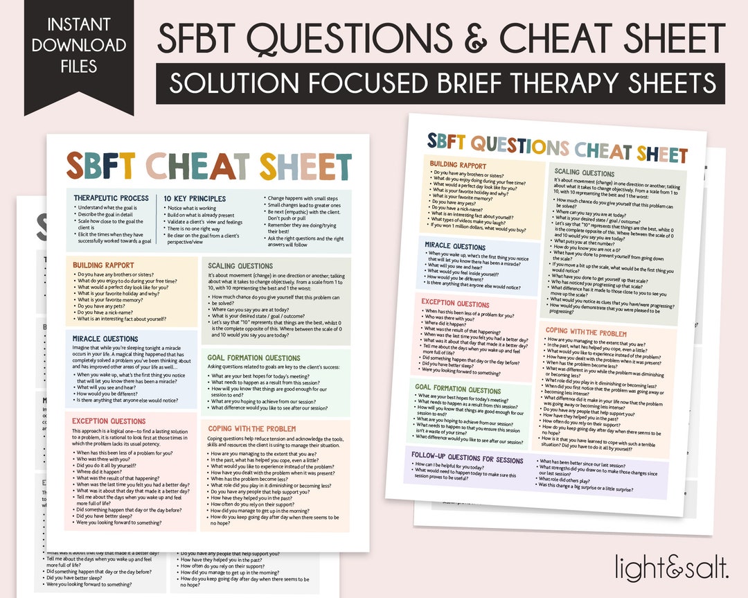 Solution Focused Therapy Questions Cheat Sheet, SFBT Worksheet for ...