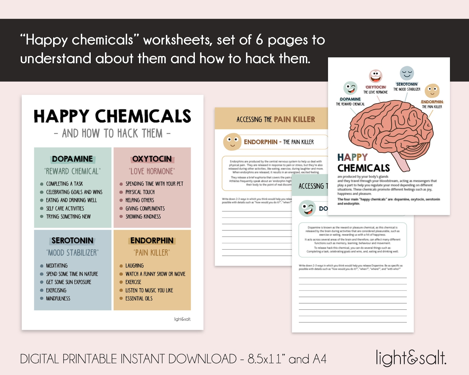 Happiness Chemicals Therapy Worksheets, Anxiety Relief, Social ...