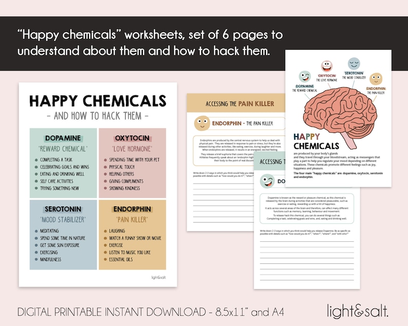 Happiness Chemicals Therapy Worksheets, Anxiety Relief, Social ...