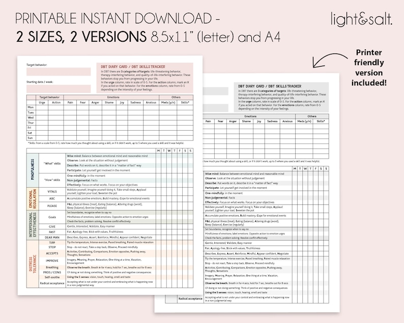 DBT Skills Tracker, DBT Diary Card, Dialectical Behavior Therapy, Mood ...