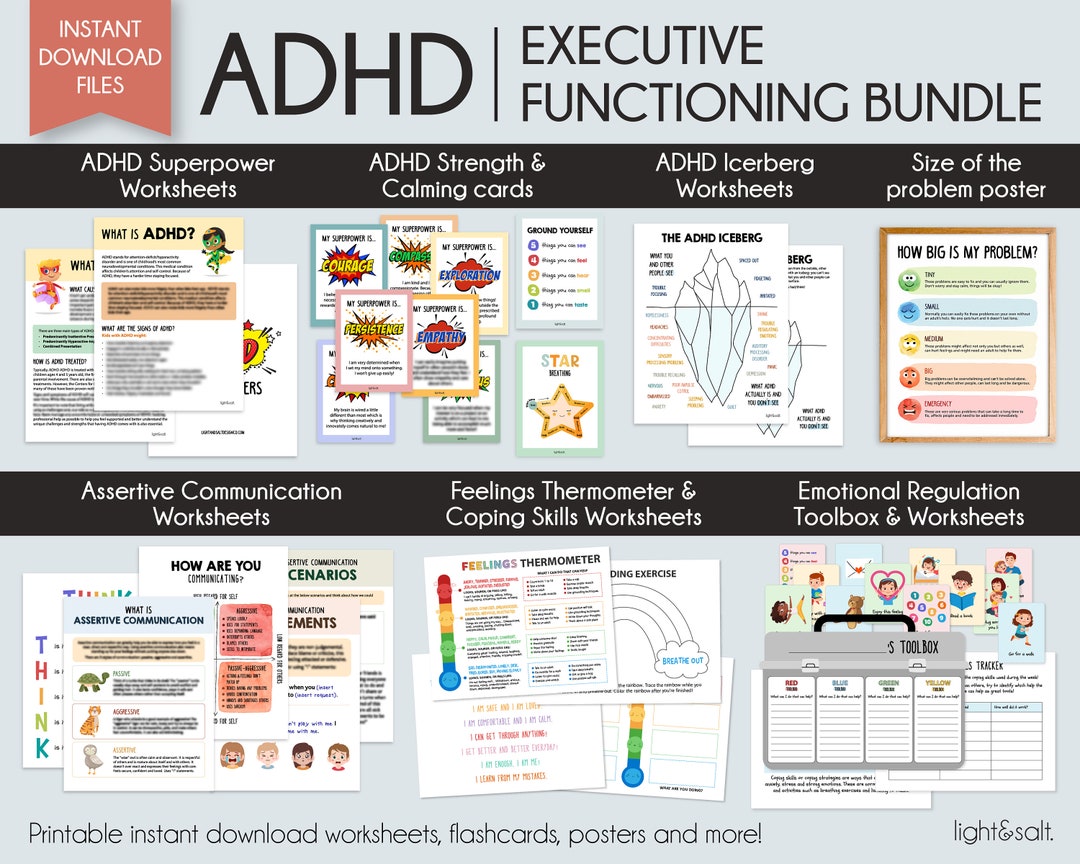 ADHD, Executive Functioning Worksheet Bundle for Kids, Self Regulation ...