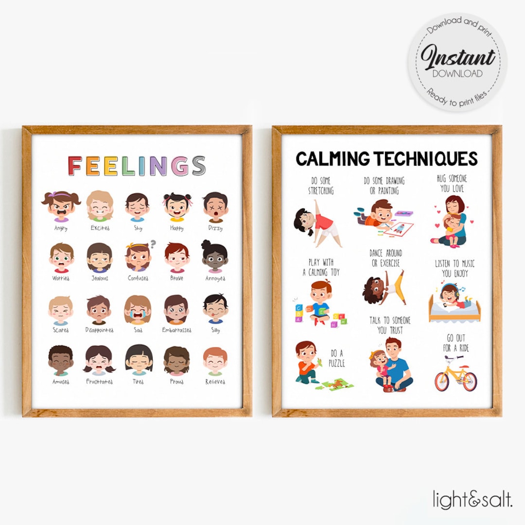 Set of 2 Feelings Poster, Emotions Chart for Kids, Calming Techniques ...