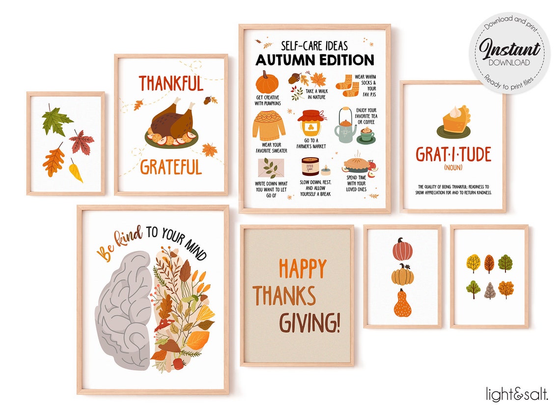 Thanksgiving Decor, Gallery Wall Set of 8 Prints, Mental Health Fall ...