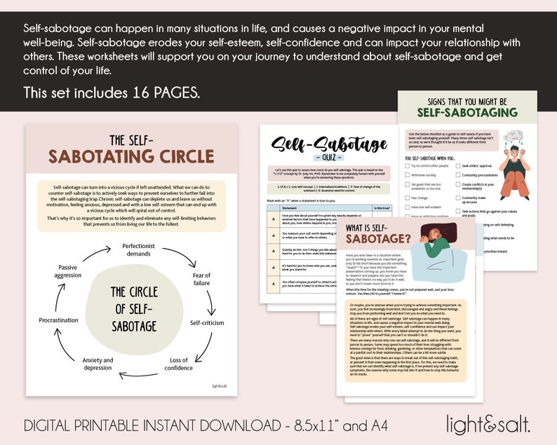 Self Sabotage Workbook, Self Sabotage Quiz, Therapy Worksheets, Self ...