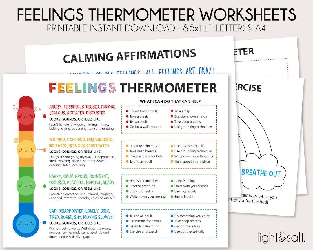 Feelings Thermometer With Coping Skills Worksheets, Zones of Regulation ...