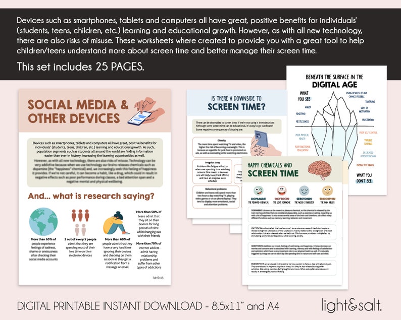Screen Time Addiction Worksheets, Kids Therapy, iPad Addiction, Screen ...