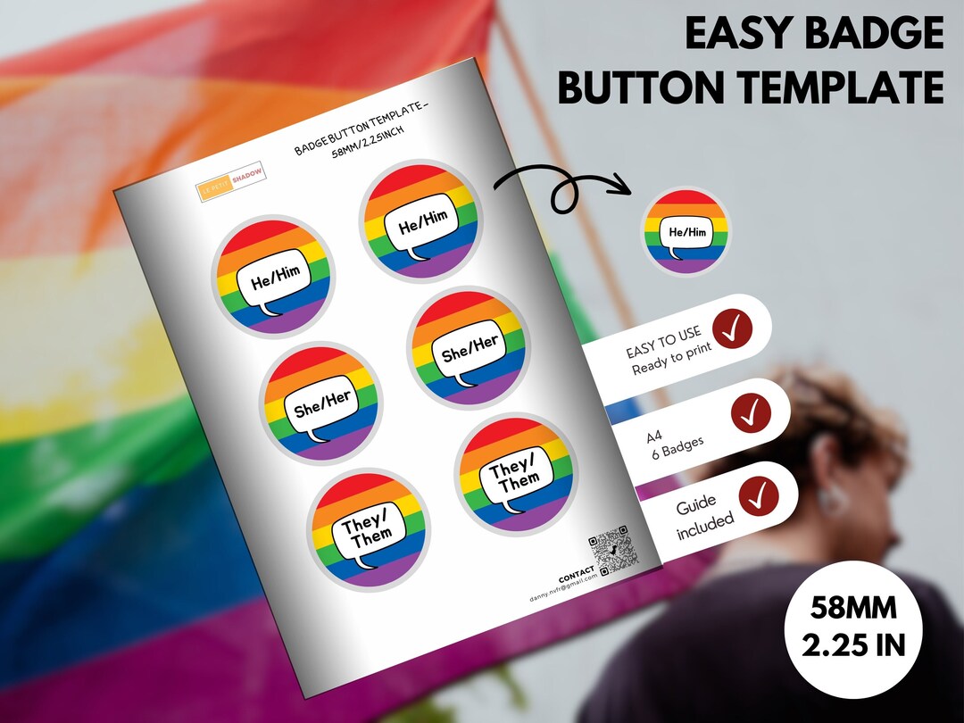 LGBTQ Pronouns Button Template, Easy Badge Button Template, Pride Flag Pinback Button Template ...