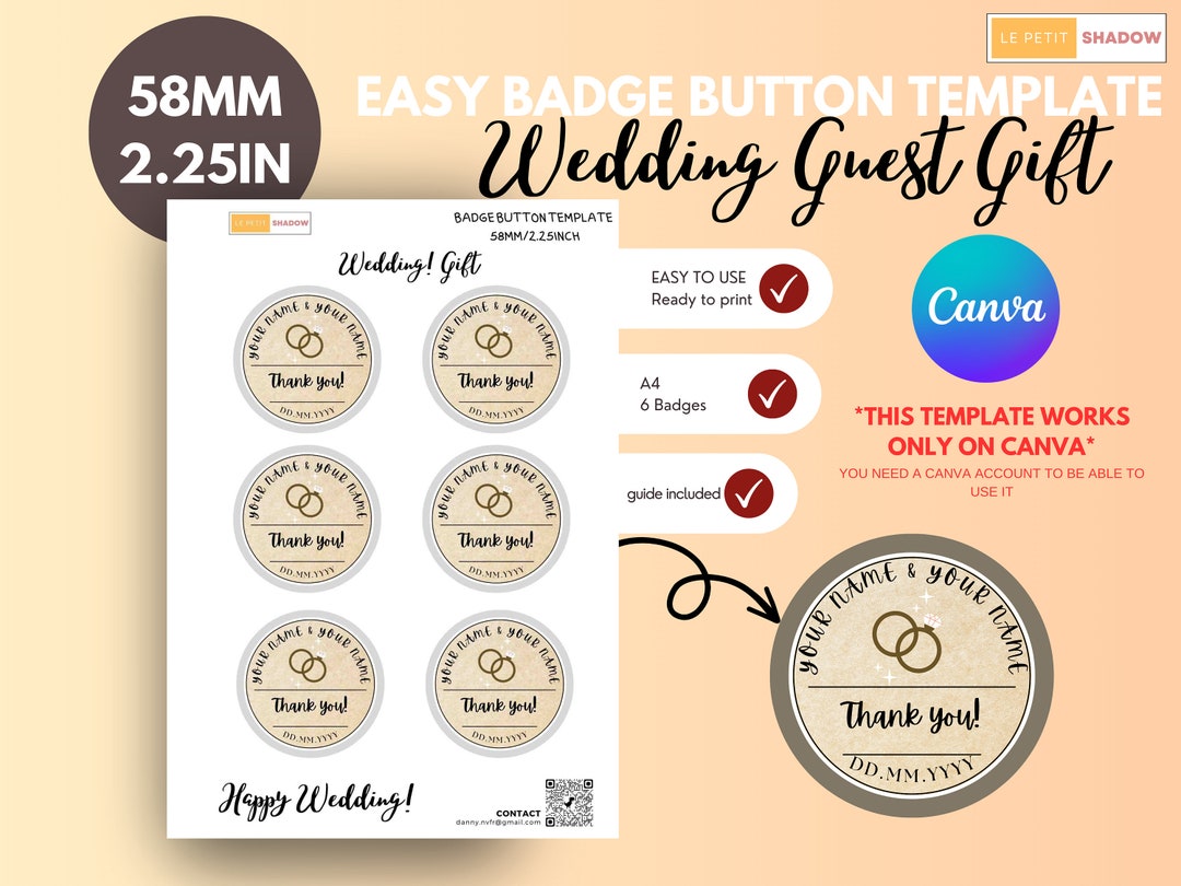 Easy Wedding Guest Gift Badge Button Template, Pinback Button Template ...