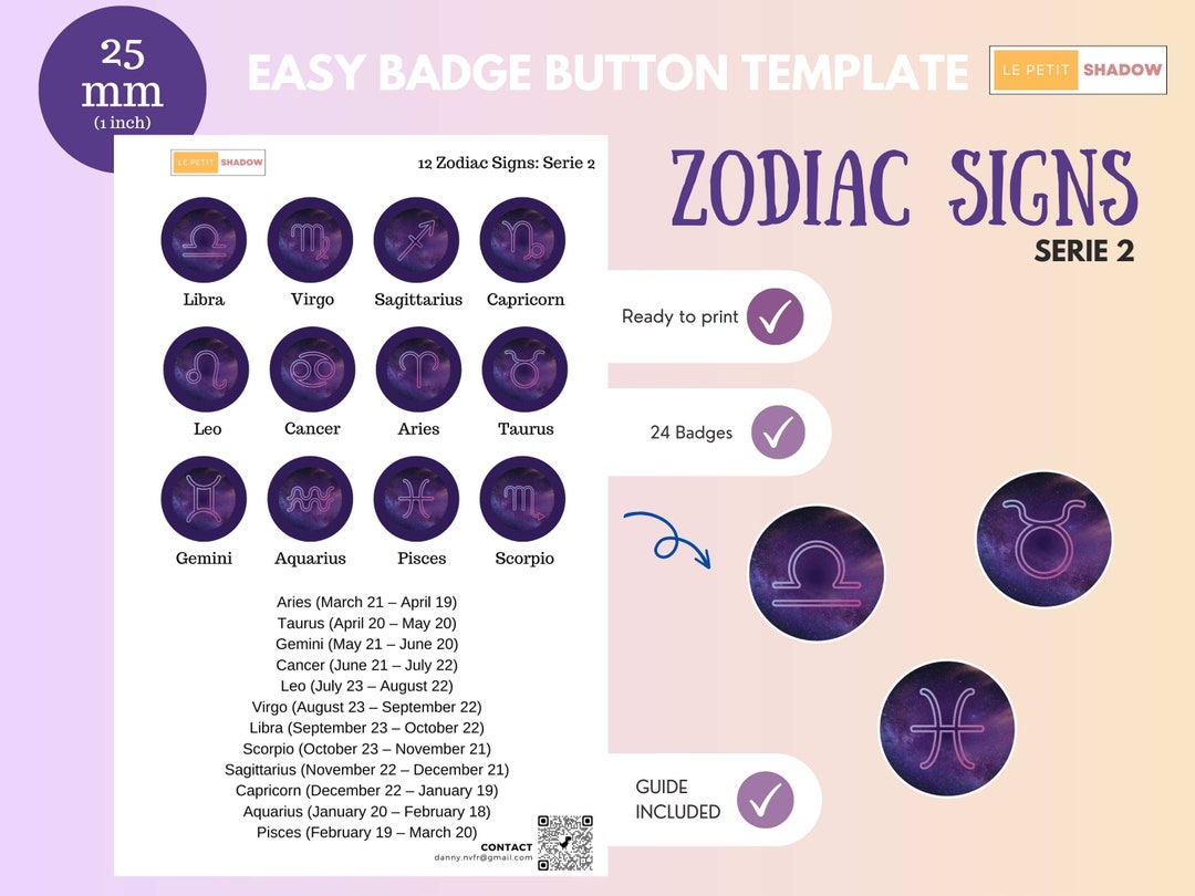 Easy Badge Button Template for 12 Zodiac Signs, Galaxy Background Seire ...
