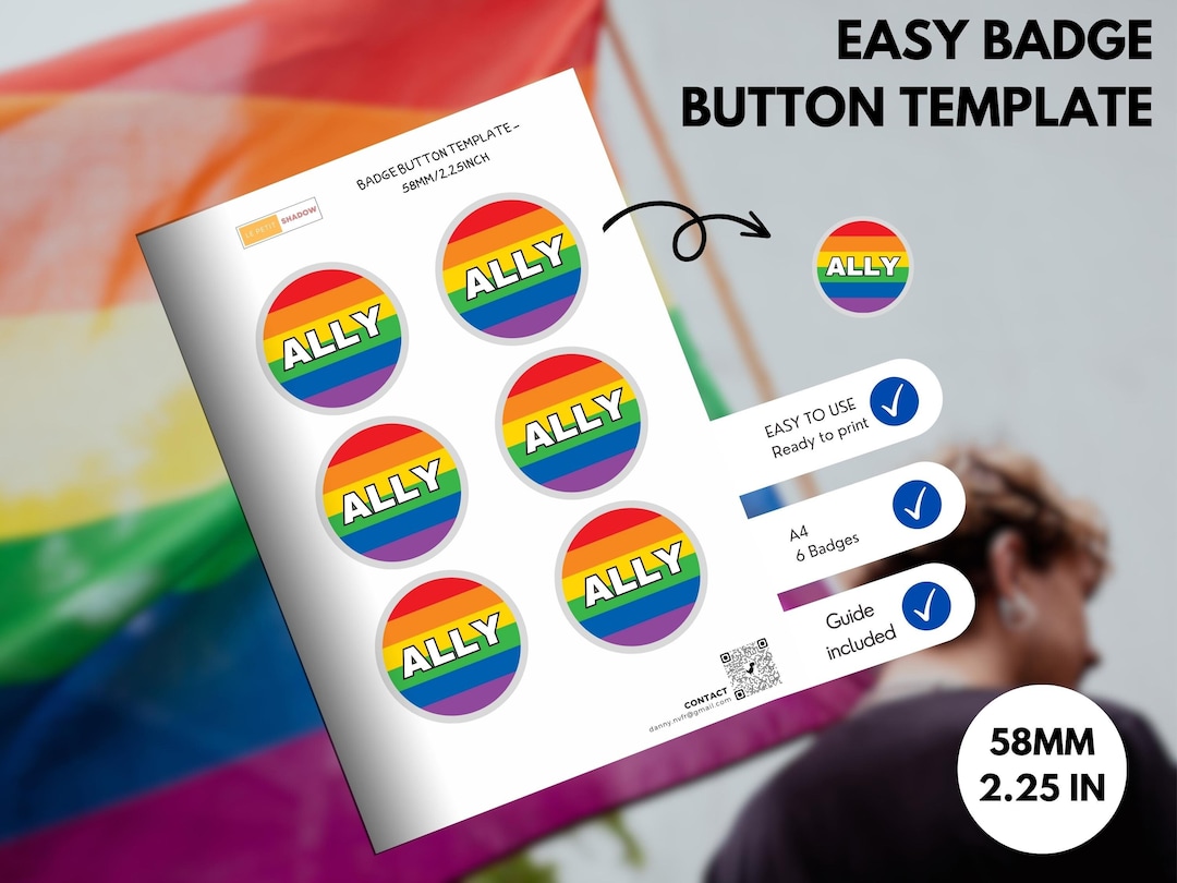 LGBTQ+ Ally Button Template, Easy Badge Button Template, Pride Flag ...