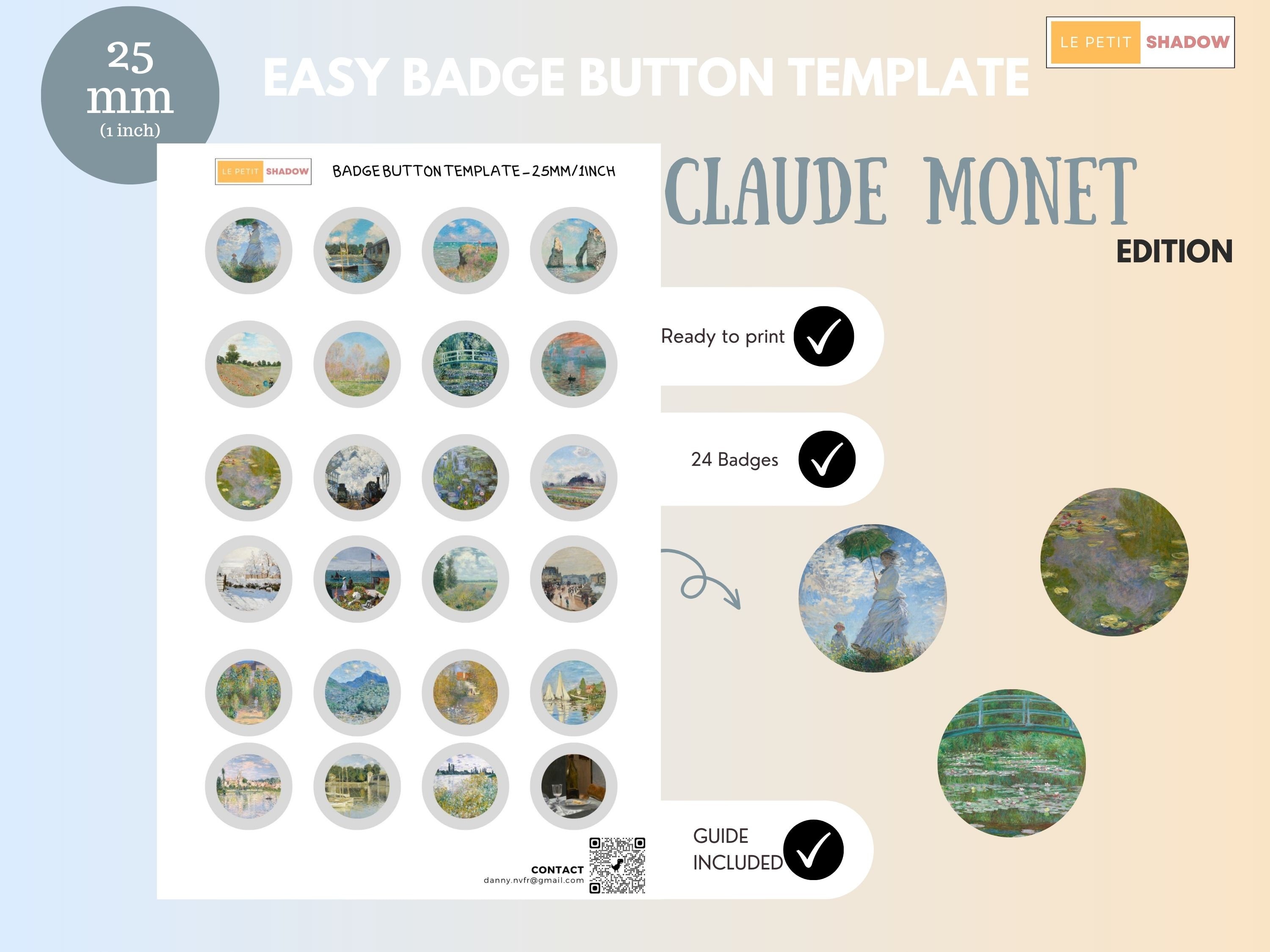 Easy Badge Button Template Claude Monet Edition, Pinback Button ...