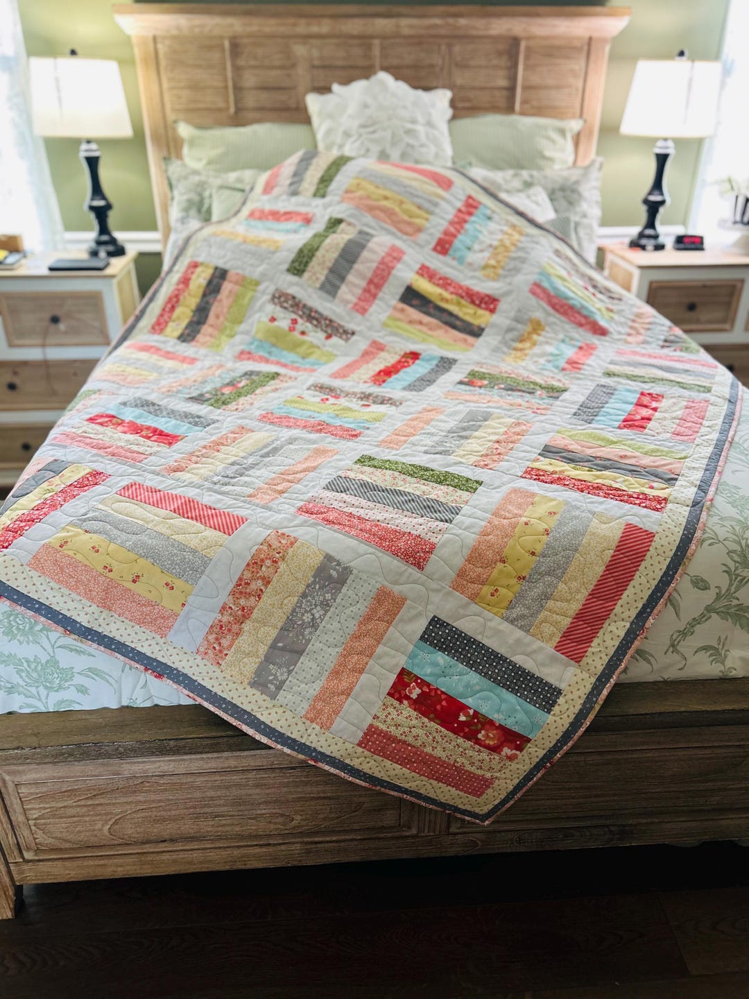 Handmade Patchwork Strip Quilt: Colorful Modern Cottage Throw (70x59 In ...