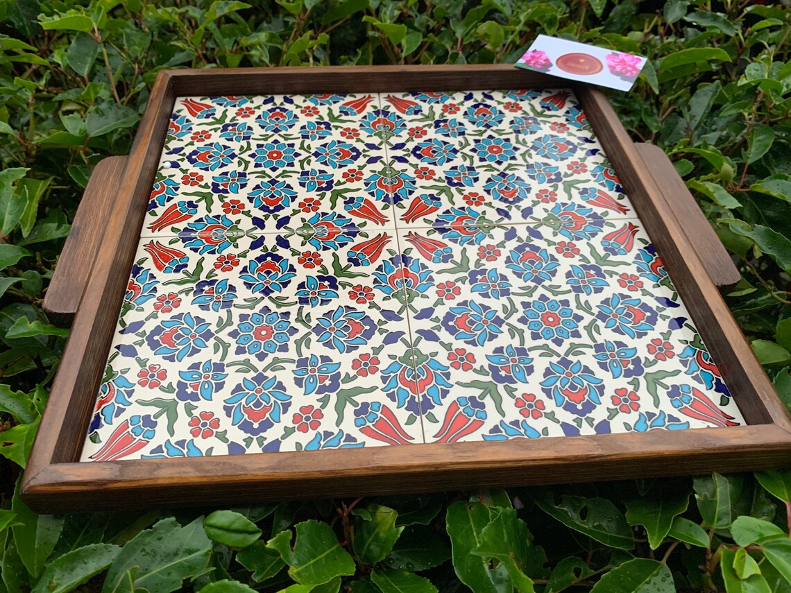 Decorative Tray Turkish Serving Wood Tray Blue Red Artisan | Etsy UK