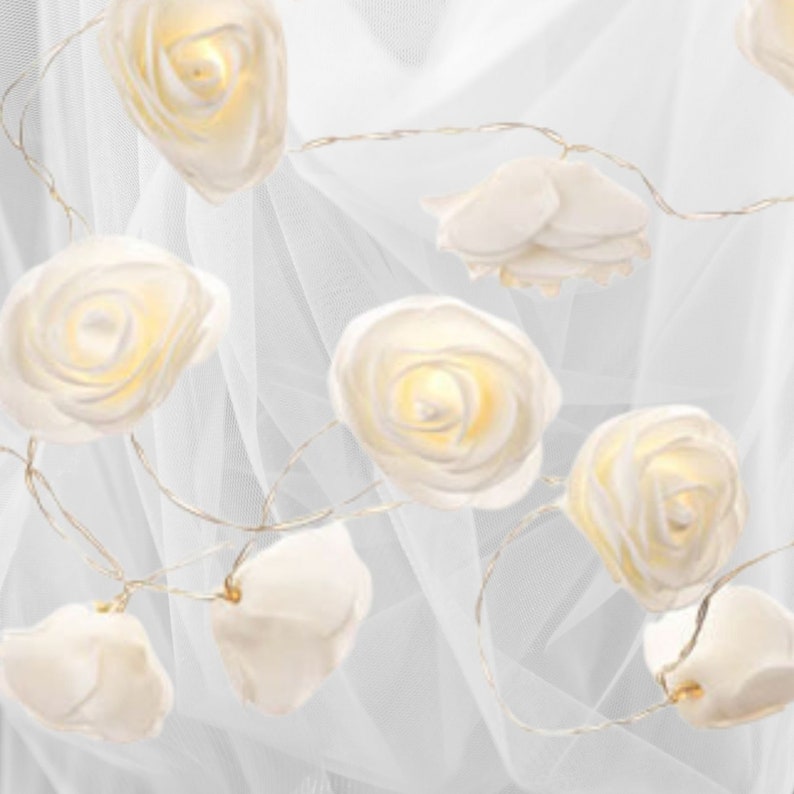 10 White Foam Fabric Rose Lights, White Rose Fairy Lights, Floral ...