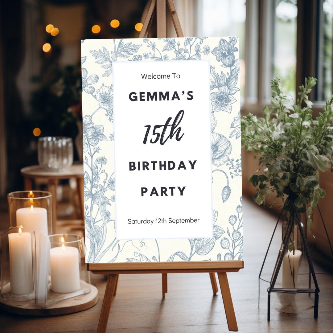 Pale Blue Floral Birthday Welcome Sign: Editable Party Decor (digital ...