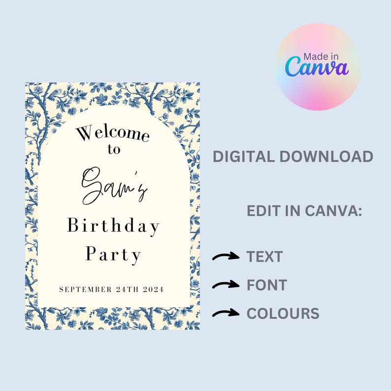 Editable Blue Floral Arch Birthday Party Sign- Instant Download ...