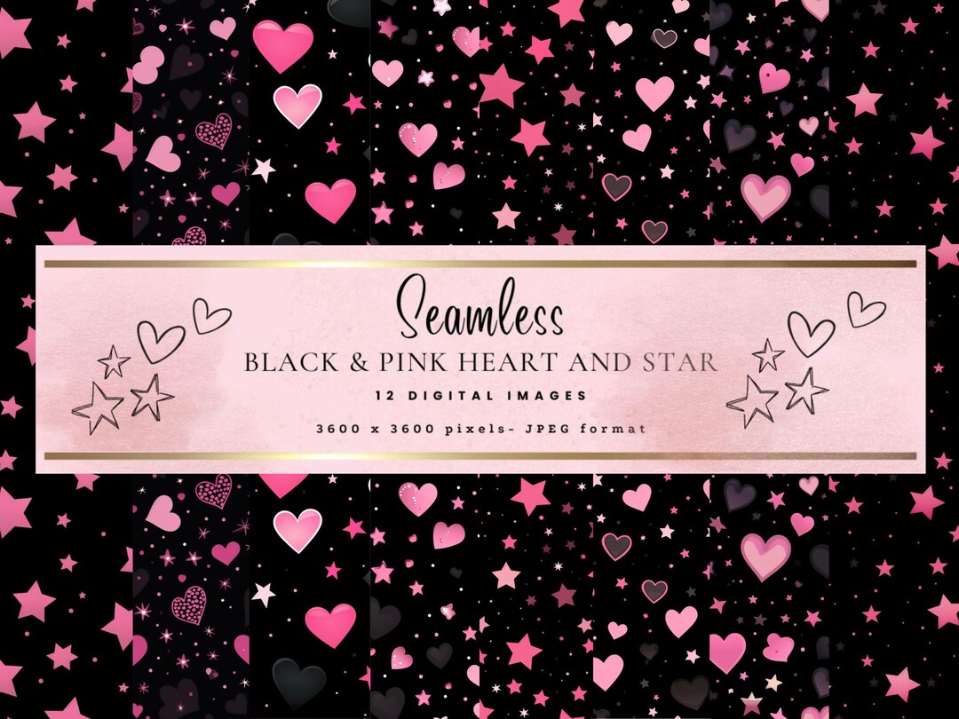 Heart and Star Digital Paper: Black & Pink Seamless Patterns ...