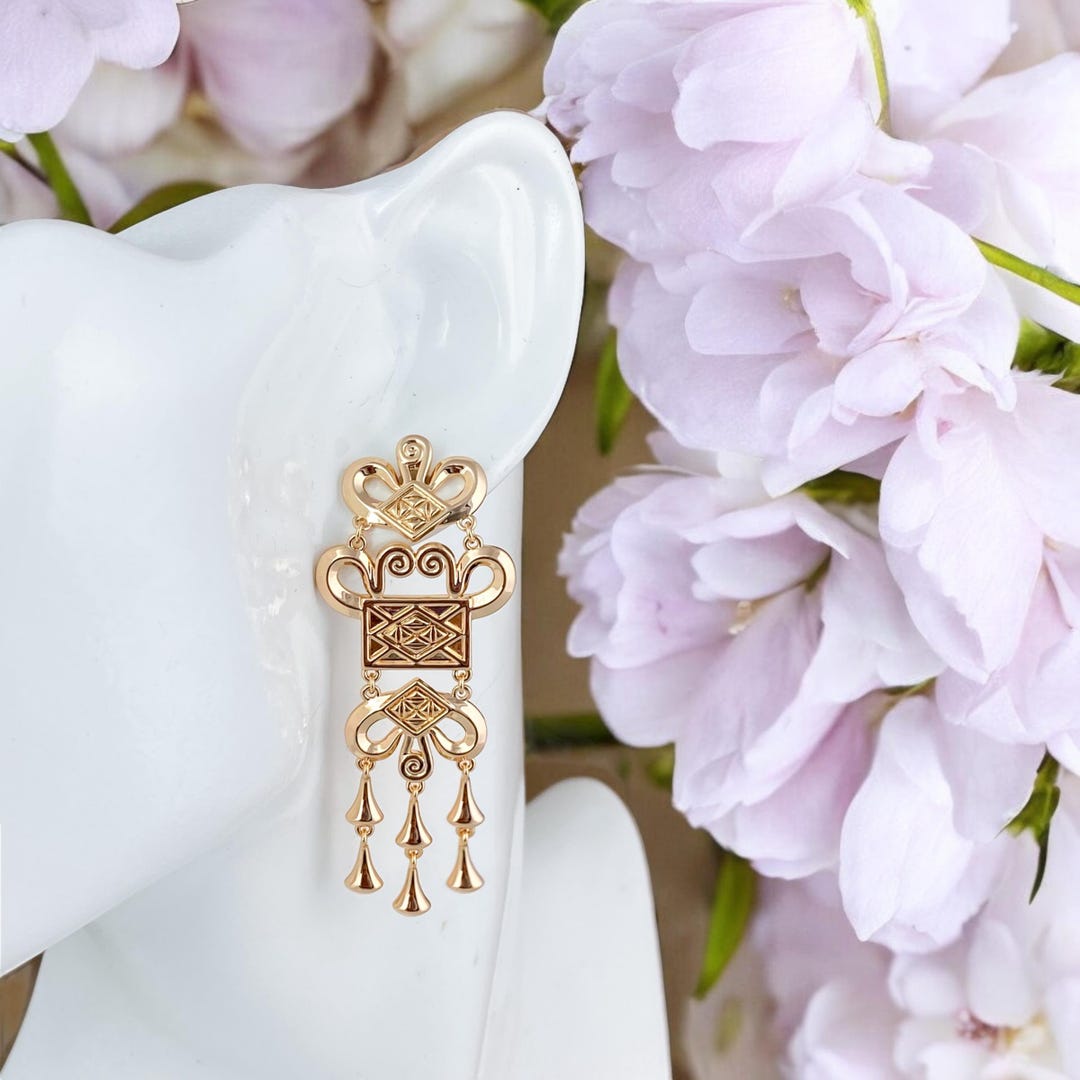 Gold Plated Hmong Vintage Phiaj Chandelier Drop Earrings - Etsy