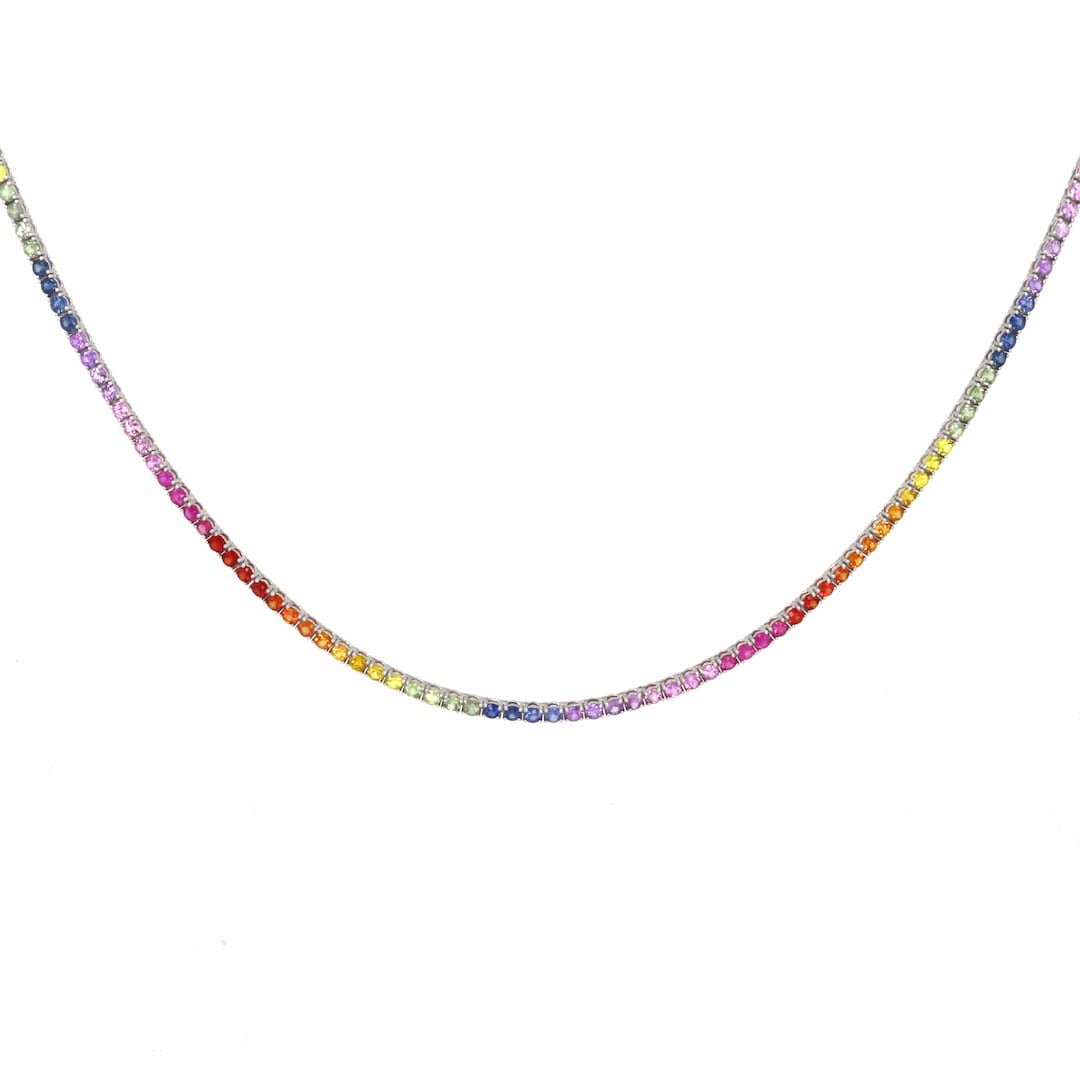 Rainbow Sapphire Tennis Necklace: Custom 14k Gold Gemstone Chain - Etsy