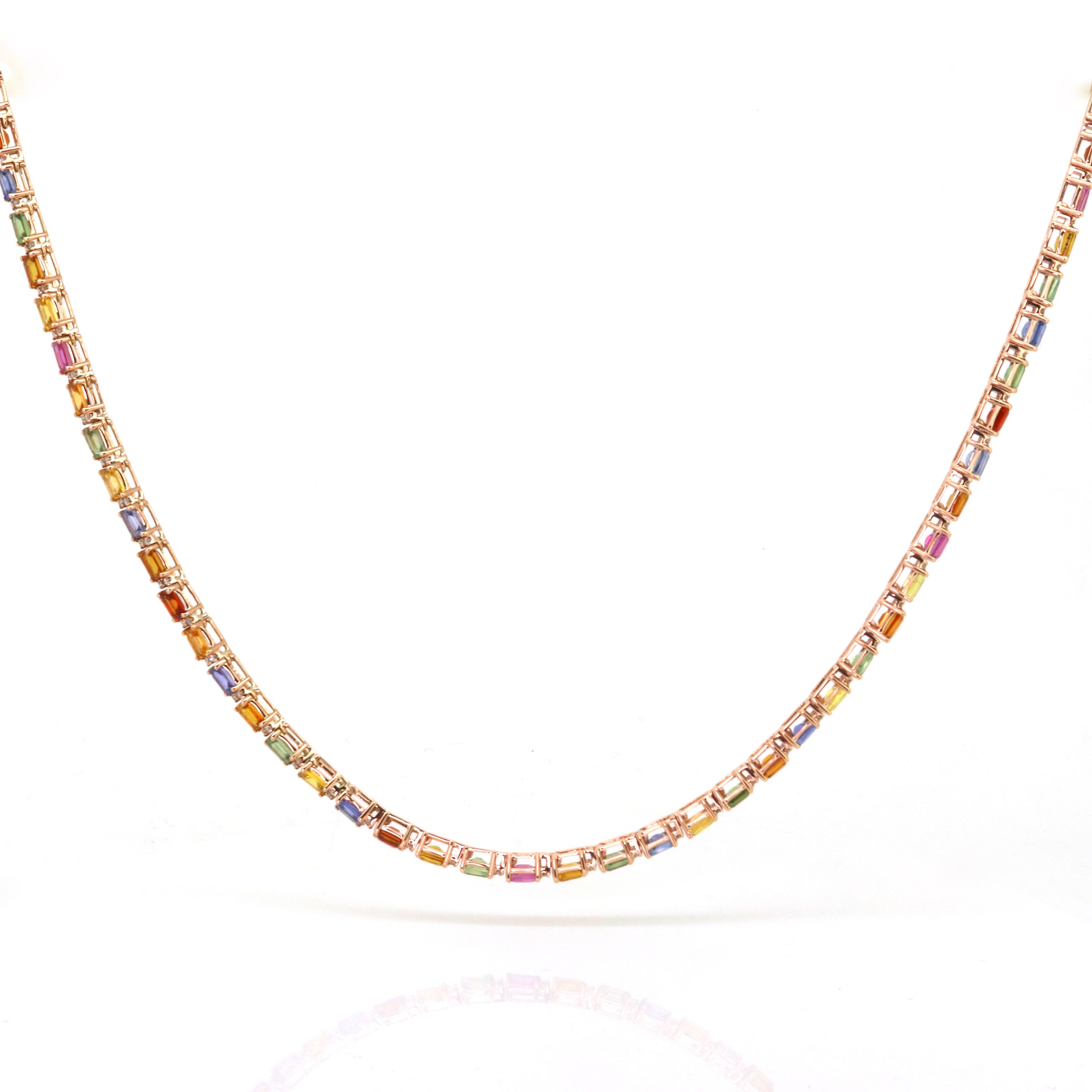 Rainbow Sapphire & Diamond Tennis Necklace Natural Multi Color Gemstone ...