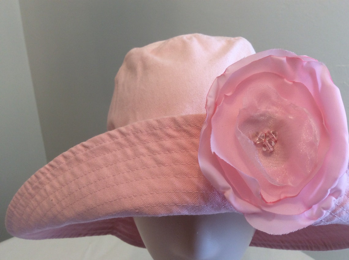 Bucket Hat Pink Cotton Large with Pink Flower 3 Inch Brim | Etsy