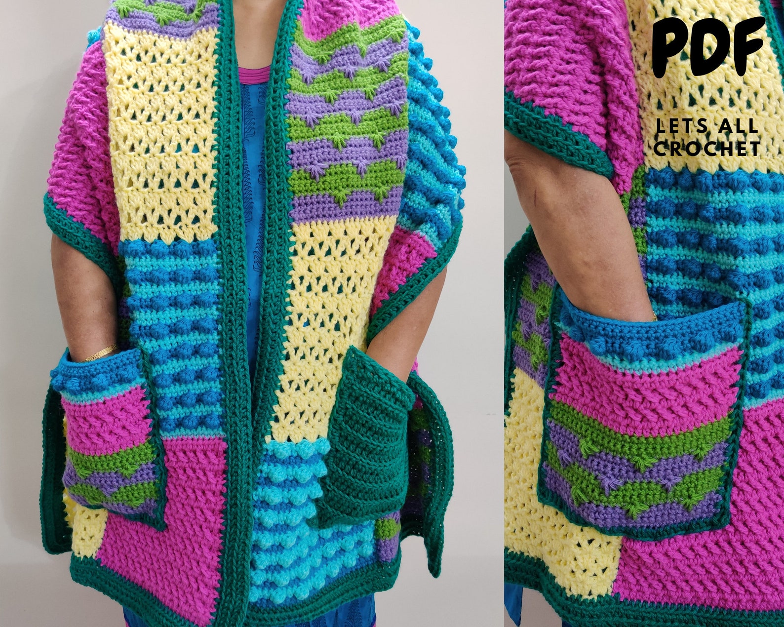 Crochet Pocket Shawl Pattern Colorful Patchwork Shawl Easy - Etsy