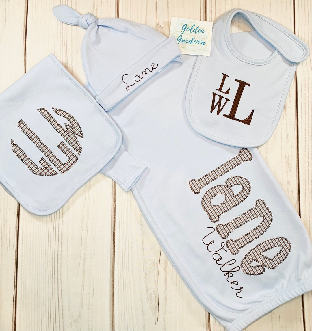 Personalized Baby Boy Gown and Hat | Plaid Appliqué, Embroidered Name ...