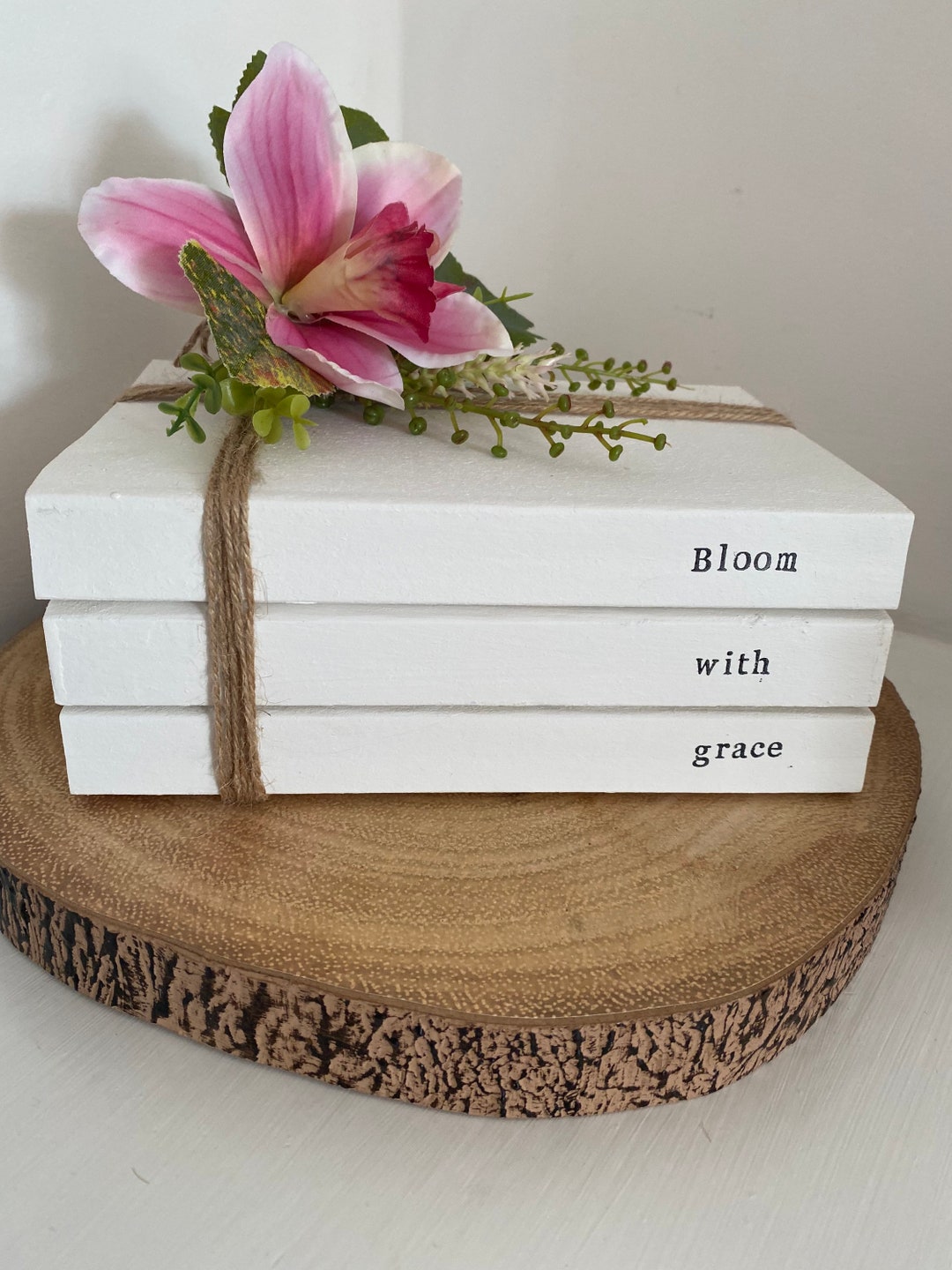 Spring Book Stack/ Rustic Bookstack / Faux Flowers/ Hand Stamped Book ...