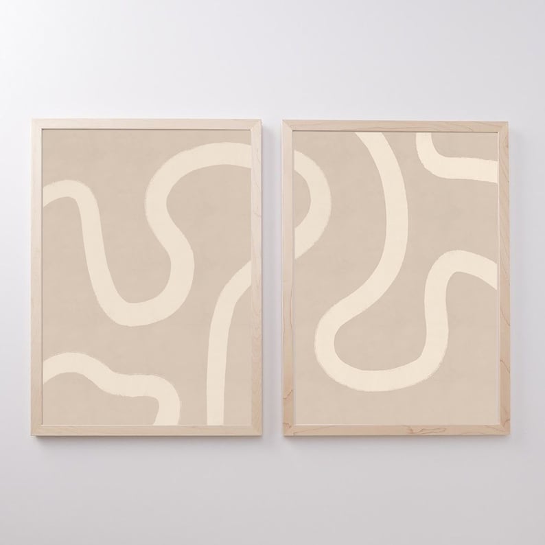 Set of 2 Neutral Beige Abstract Line Art Wall Art, Boho Minimalist ...