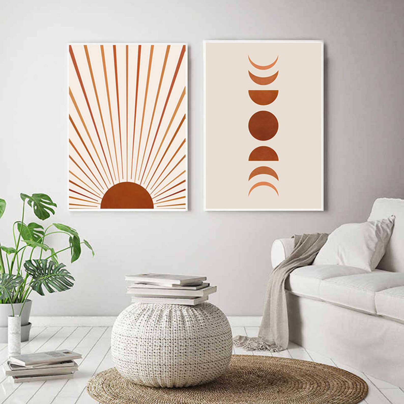 Set of 2 Deep Red Burnt Orange Sun and Moon Digital Art Prints Minimal ...