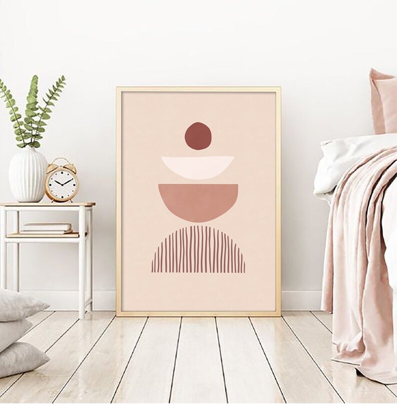 Beige Pink Abstract Shapes Art, Line Art, Geometric Half Circles ...