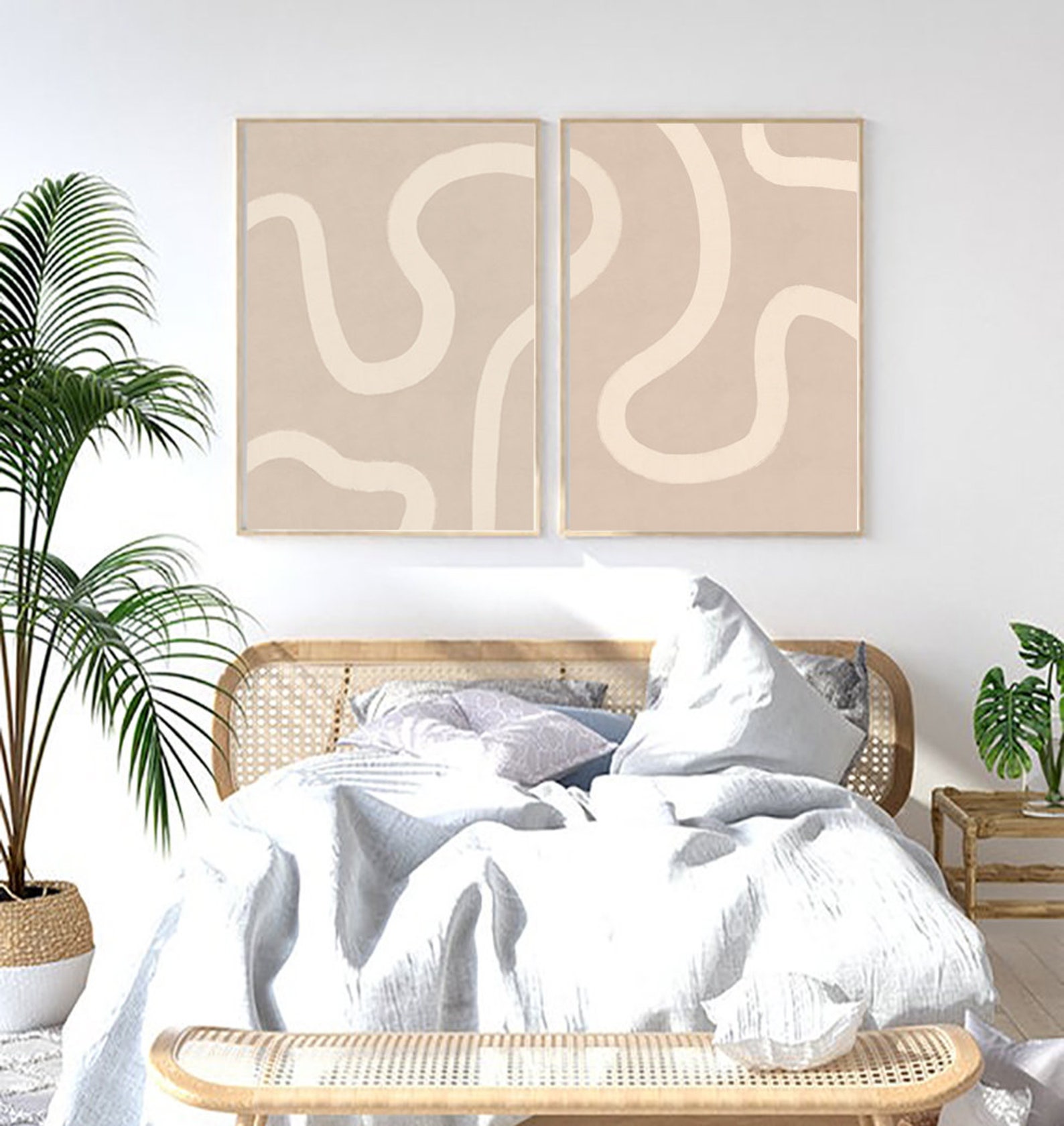 Set of 2 Neutral Beige Abstract Line Art Wall Art, Boho Minimalist ...