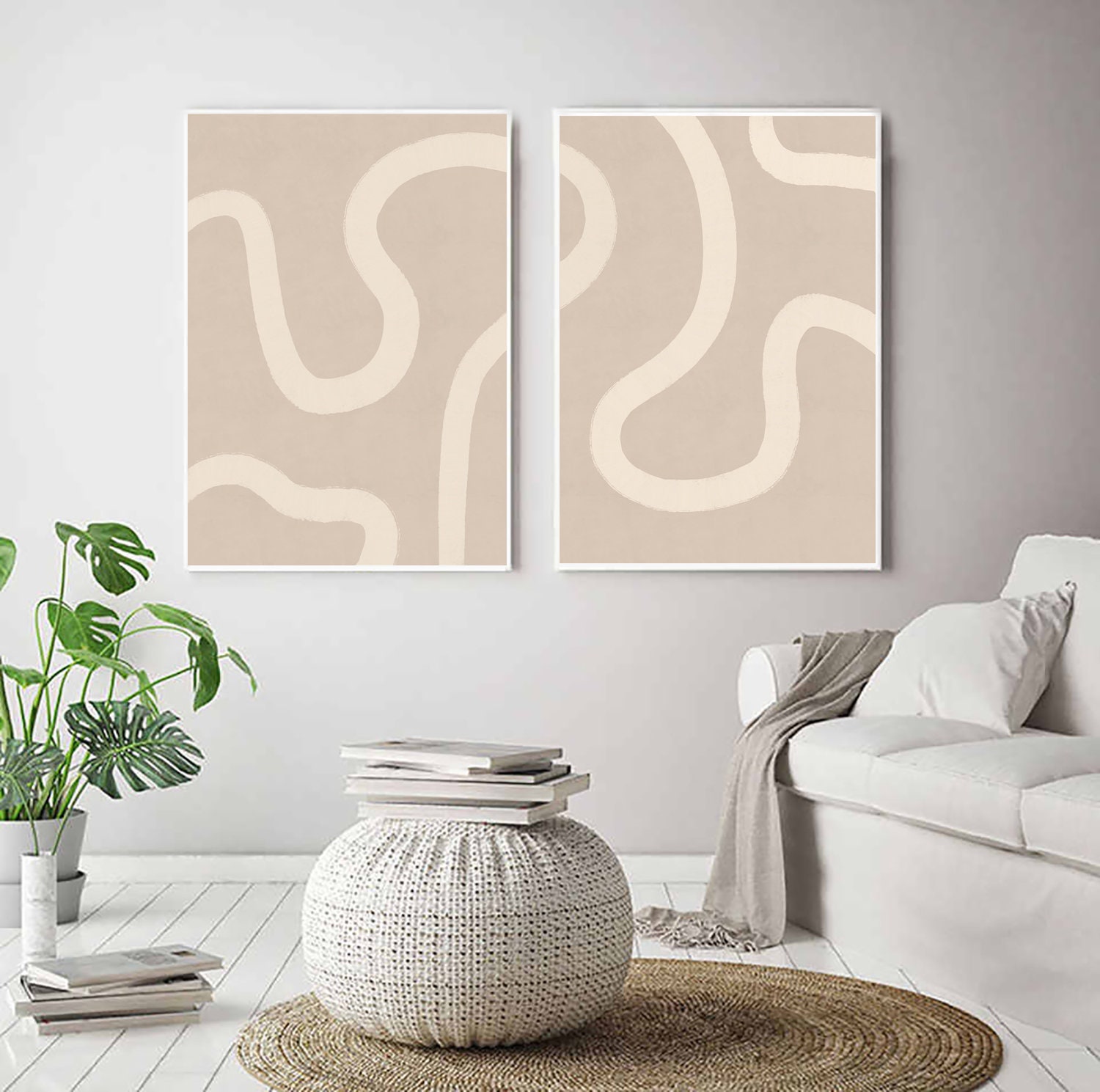 Set of 2 Neutral Beige Abstract Line Art Wall Art, Boho Minimalist ...