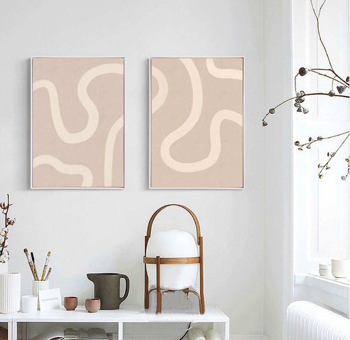 Set of 2 Neutral Beige Abstract Line Art Wall Art, Boho Minimalist ...