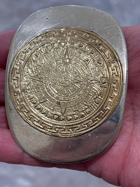Brass and Silver Aztec Calendar Belt Buckle - Gem