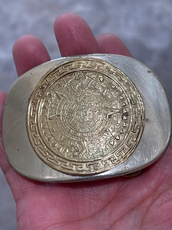 Brass and Silver Aztec Calendar Belt Buckle - Gem