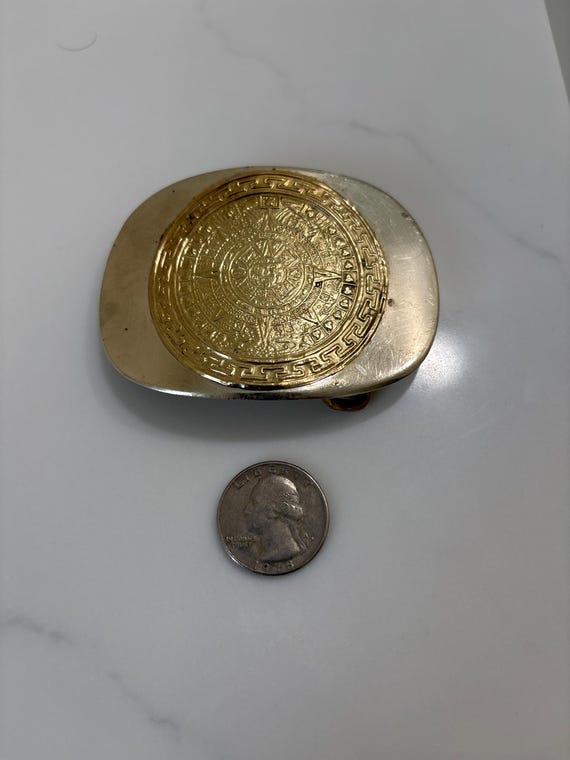 Brass and Silver Aztec Calendar Belt Buckle - Gem