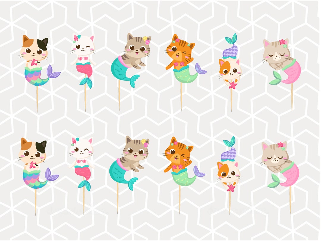 Mermaid Cats Cupcake Toppers or Stickers - Etsy