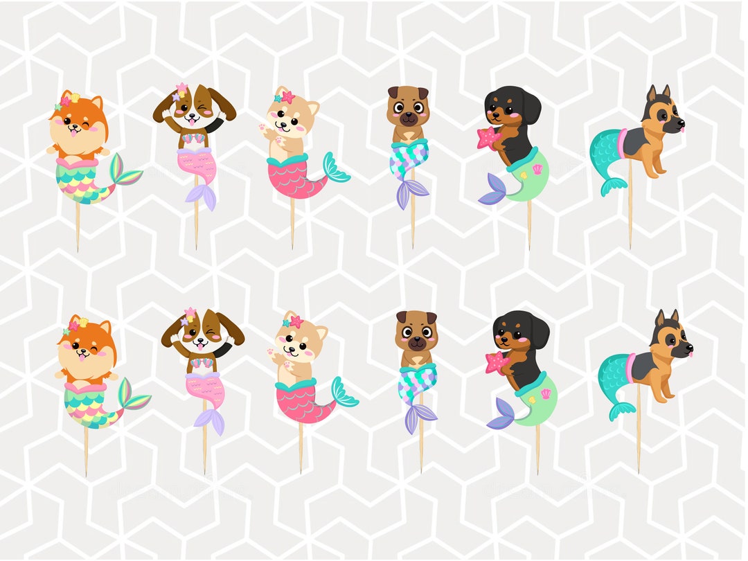 Mermaid Dogs Cupcake Toppers or Stickers - Etsy