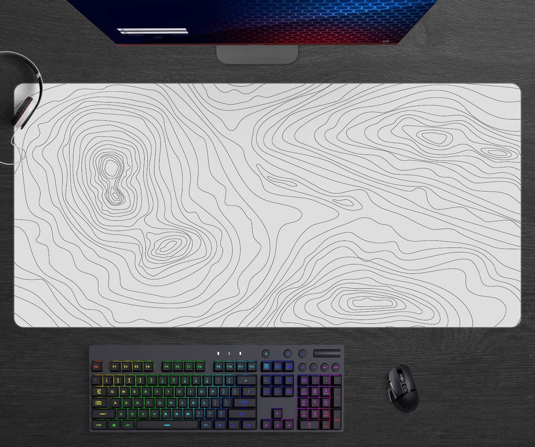 White Topographic Desk Mat, Large Gaming Desk Mat, Large Mousepad XXL ...