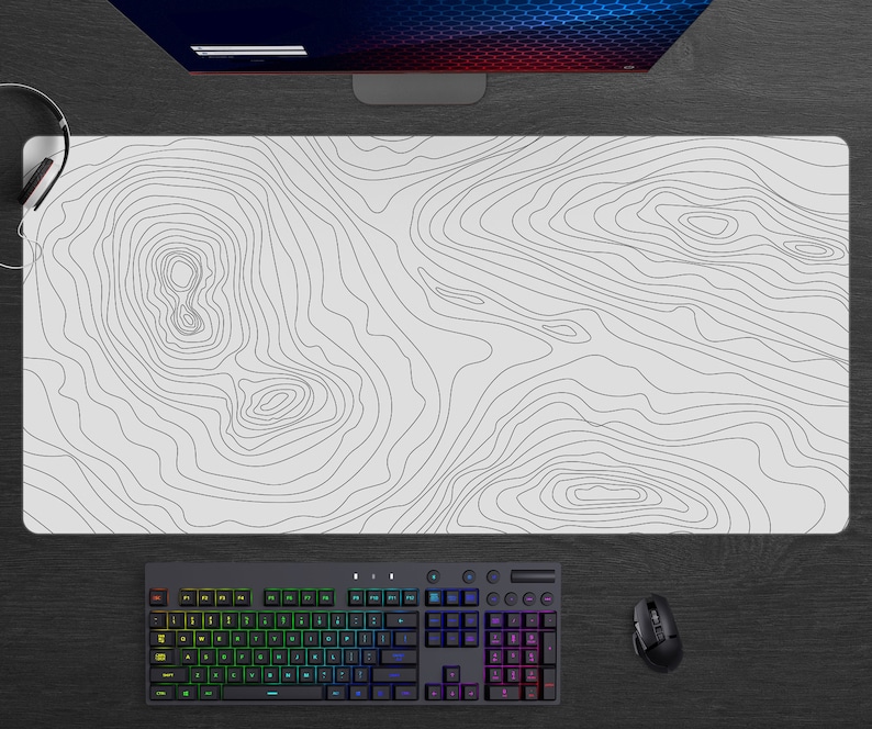 White Topographic Desk Mat Large Gaming Desk Mat Large - Etsy Australia