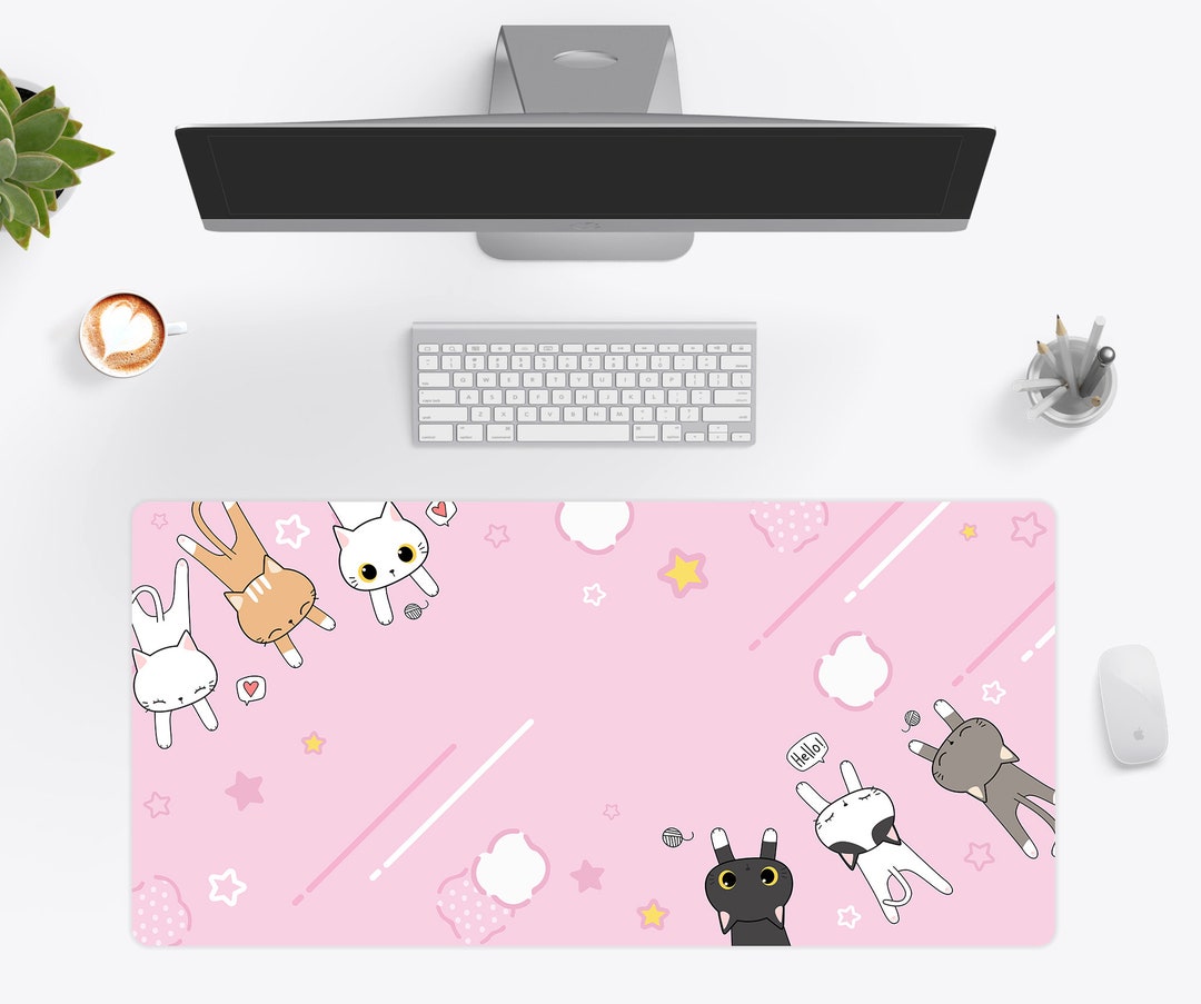 Cute Cat Desk Mat, Kawaii Pink Desk Pad, Large Gaming Mouse Pad | Gift ...