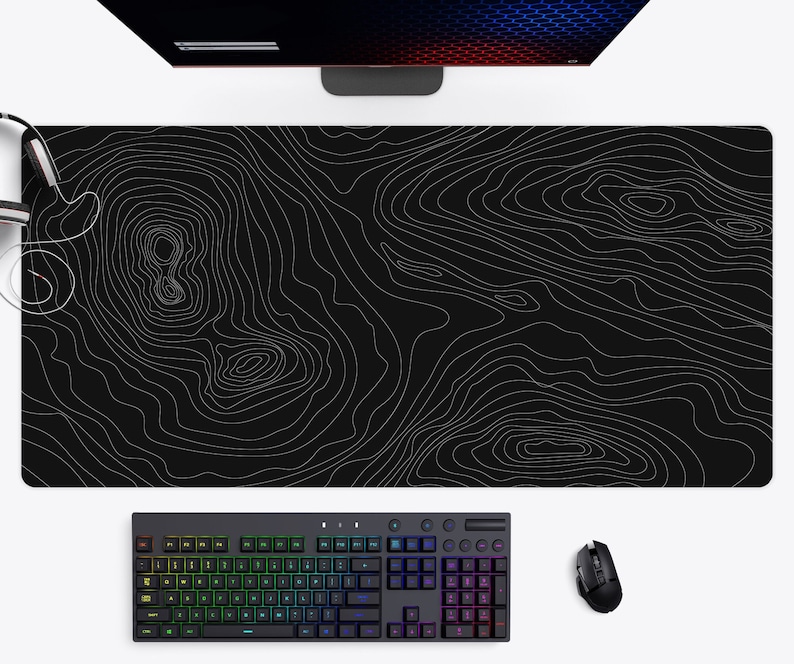 Black Topographic Desk Mat Large Gaming Mousepad Black Desk - Etsy